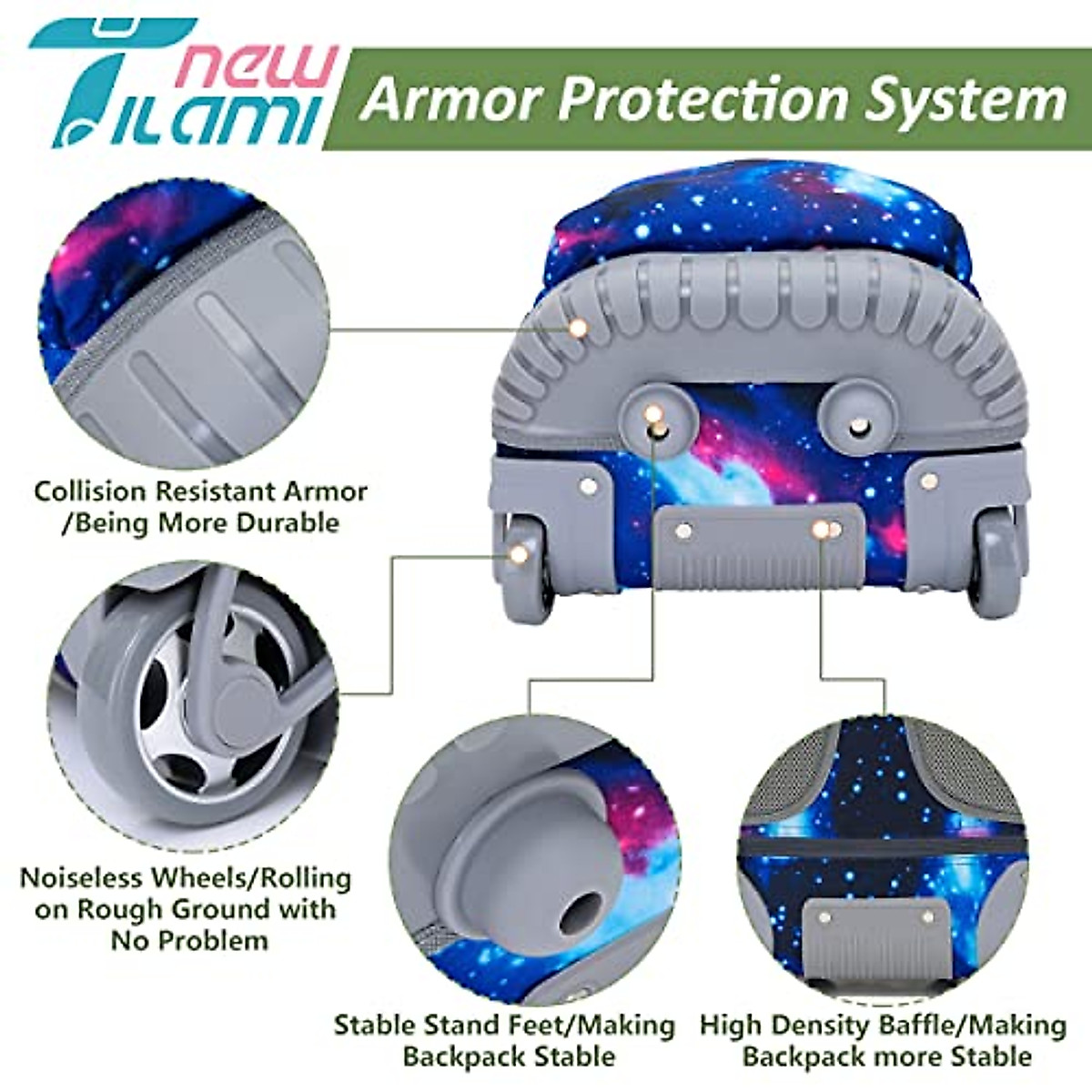 NEW TILAMI 18 Inch Rolling Backpack with Lunch Bag Wheeled Laptop Kids Backpack School Bags Trip Luggage, Deep Space