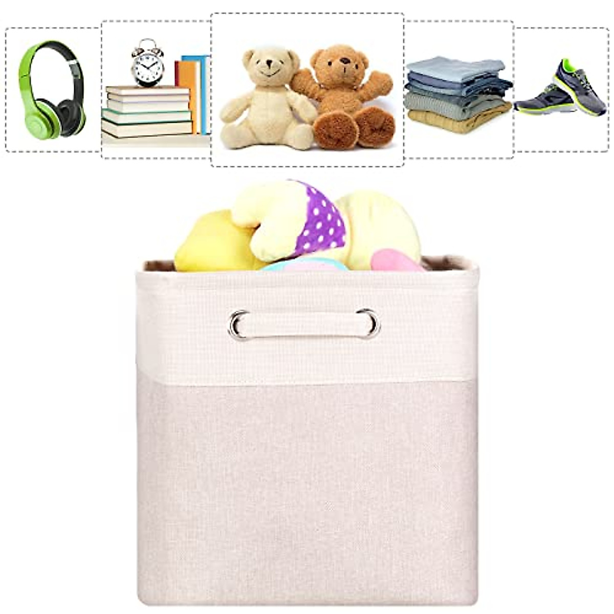Fabric Cube Storage Boxes Foldable Storage Bins Silver Khaki and Beige Patchwork Storage Baskets Cube Storage Bins with Handle Cubes Inserts Storage for Home and Office Supplies 13x13x13 cube organizer bin 3 Pcs/Pack
