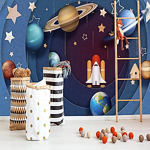 Space Planet Wall Mural Wallpaper, 3D Star Rocket Peel and Stick Self-Adhesive Wallpaper, Removable Large Photo Sticker TV Background Decor for Living Room Bedroom 144"W x 100"H