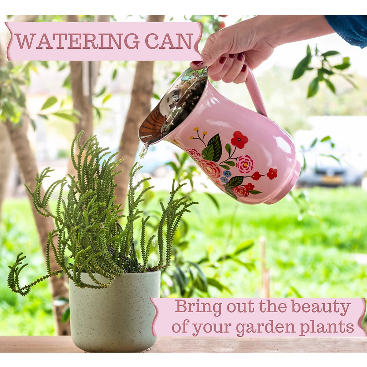 Hand Painted Stainless Steel Water Pitcher - Large Metal Water Jug, for Cold Drinks, Floral Design Beverage Carafe for Entertaining & Home Decor. 8” height, 1 Quart Decorative Vase. (Pink)