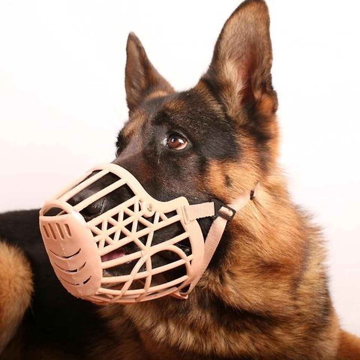 Downtown Pet Supply - Basket Muzzle - Cage Dog Muzzle, Prevents Barking, Biting and Chewing - Dog Grooming & Dog Housebreaking Supplies - Beige - Size 4 - M - Muzzle for Medium Sized Dog
