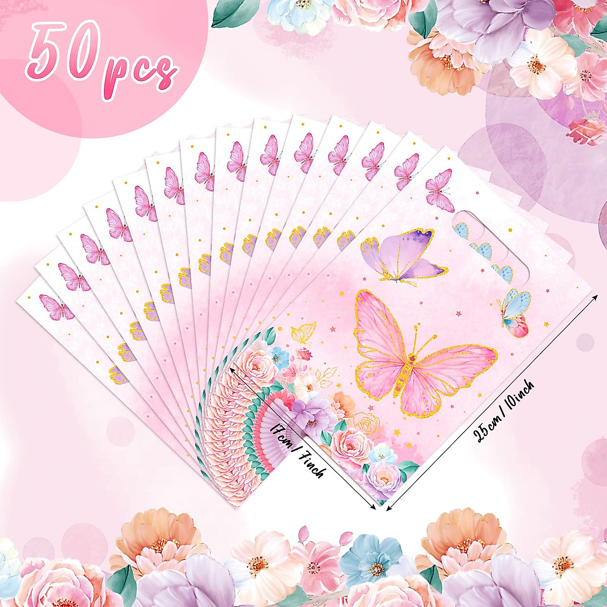 Teling 50 Pcs Butterfly Gift Bags Plastic Small Pink Butterfly Candy Bags Butterfly Birthday Goodie Bag with Die Cut Handle for Butterfly Theme Party Gift Wrapping Supplies Decor, 7 x 10 Inch