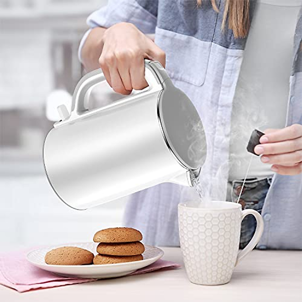 Miroc Electric Kettle, Double Wall 100percent Stainless Steel Cool Touch Tea Kettle with 1500W Fast Boiling Heater, Cordless with Auto Shut-Off & Boil Dry Protection, BPA-Free, White