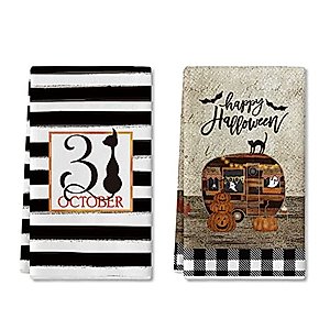 Artoid Mode Stripes 31 October Happy Halloween Ghost Pumpkins Trailer Kitchen Towels Dish Towels, 18 x 26 Inch Hand Towel Bathroom Gift Set of 2