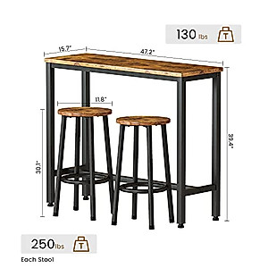 AWQM 3 Piece Bar Table Set, Industrial Pub Height Table with 2 Bar Stools,Dining Room Table Set, 47.2" Table and Classic Round Chairs Set, Ideal for Kitchen,Living Room