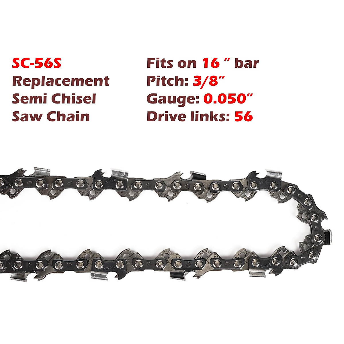 2PCS/PACK Reliable Replacement SC-S56 16-Inch Semi Chisel Saw Chain, Pitch: 3/8", gauge: .050", drive link count: 56, Compatible for Echo, Homelite, Poulan, Remington, Greenworks and more