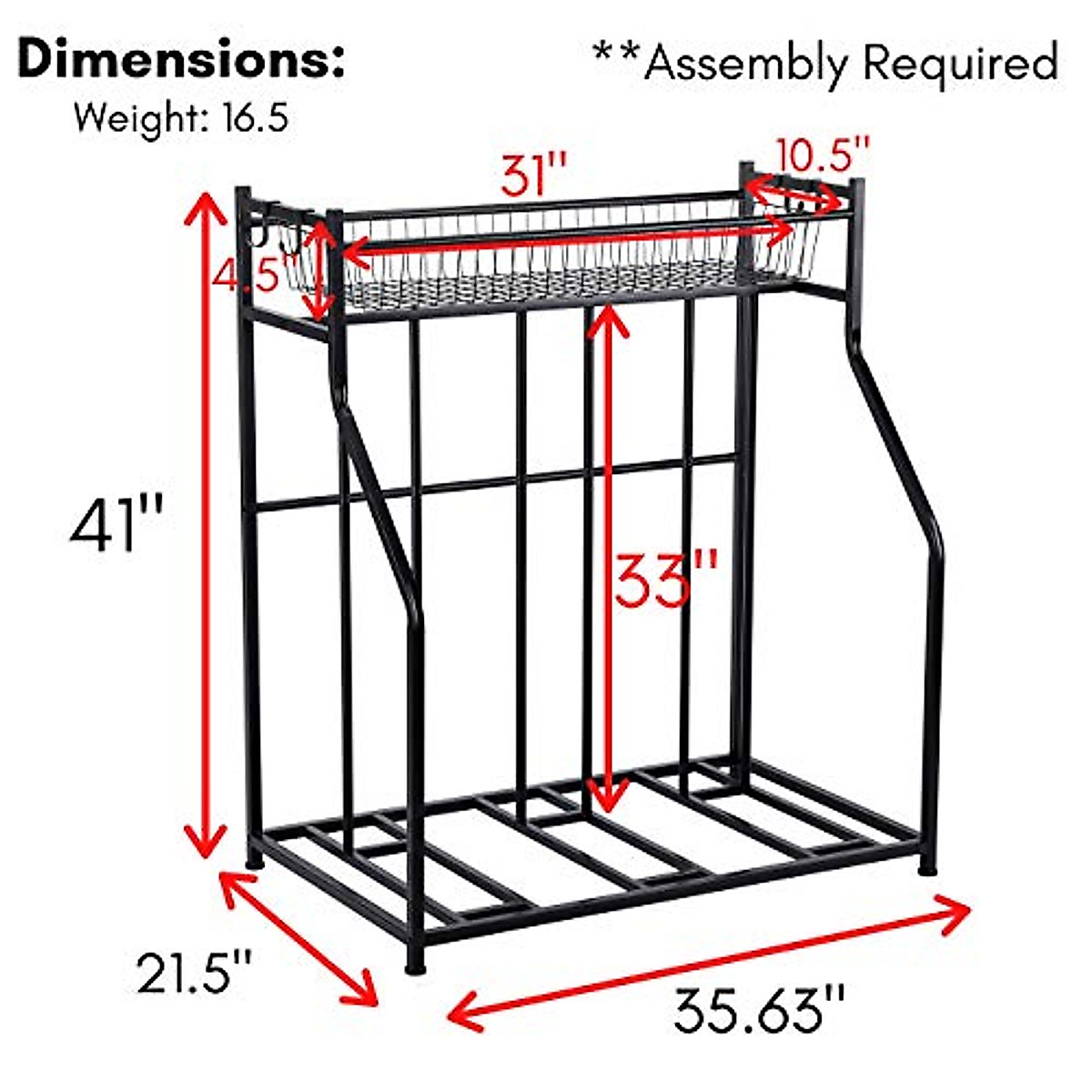 3 Bike Stand Rack with Storage – Great for Parking Road, Mountain, Hybrid or Kids Bikes – Garage Organizer - Helmet - Sports Storage Station - Black