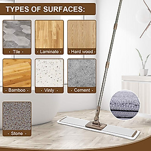 CQT Commercial Flat Microfiber Floor Mop Cleaning System 24" Inch Wet Dry and Dust Hardwood with 4 Washable Pads Cleaner for Laminate Tile Stainless Steel Handle and Extension (PT14 Brown)