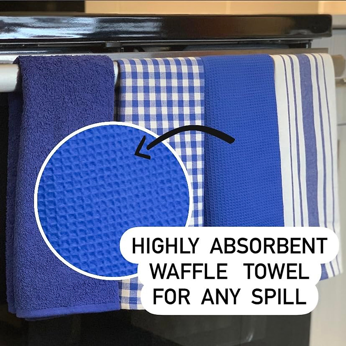 ELOMELO 100% Cotton Kitchen Towel Set with Hanging Loop - Terry, Waffle, Flat Combo Dish Towels for Kitchen - Check, Stripe, Plain Tea Towel Pack of 4, 25x16 in Blue White