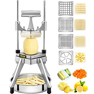VEVOR Commercial Vegetable Fruit Chopper, Stainless Steel French Fry Cutter w/ 4 Blades 1/4" 3/8" 1/2", Vegetable Chopper Dicer w/Stainless Bowl, Heavy Duty Cutter for Potato Tomato Onion Mushroom