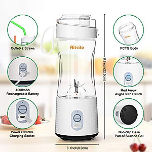 Aitsite Portable Blender, USB Rechargeable Personal Size Juicer Cup with 2 Straws, blend jet blenders portable with 6 3D Blades Fruit Mixer for Home,Travel, Office, Outdoors -White.
