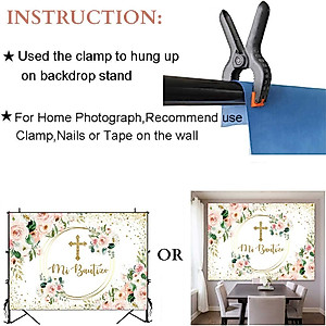 Sensfun Mi Bautizo Backdrop Gold Bless Spanish Baptism Girl First Holy Communion Party Decorations Pink Floral Gold Glitter Background Christening Newborn Photo Studio Booth Props 7x5ft