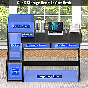 WOODYNLUX Computer Desk with Drawers, Home Office Desk with Printer Shelf, Writing Desk Study Table for Small Spaces Corner Desk, Easy Assemble, Black.