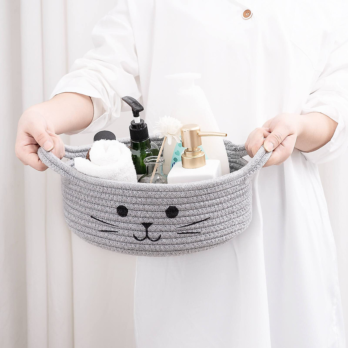 HiChen Small Woven Rope Storage Basket, Cute Cat Toy Basket for Living Room, Baby Basket for Nursery, Gift Basket Empty for Baby Shower, Grey, 9.8 x 4 inches