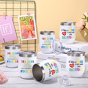 Teacher Gifts Teacher Tumbler Bulk 12oz Stainless Steel Teacher Wine Glass with Lids and Straws Teacher Appreciation, Birthday Gifts for Daycare, Kindergarten Teacher (White, 6 Pack)