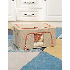 Foldable Clothes Storage Bags with Large capacity, Strong Metal Frame Support, Cotton linen, Cream-colored, BlueGift
