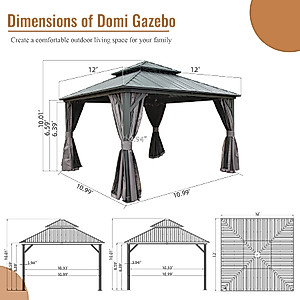 Domi 12' x 12' Hardtop Gazebo Permanent Aluminum Metal Gazebo with Galvanized Steel Double Roof Canopy, Curtains, and Netting for Patio, Backyard, Deck, Lawn