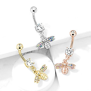 Dynamique Bee With AB Crystal Paved Wings Dangle Double Jeweled 316L Surgical Steel Belly Button Rings (Sold Per Piece)