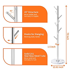 ZOZOE Metal Coat Rack Freestanding, Solid 201 Stainless Steel Coat Rack Stand, Modern Coat Racks with Natural Marble Base, Coat Tree Hanger Stand for Jacket, Bag, Entryway, Office