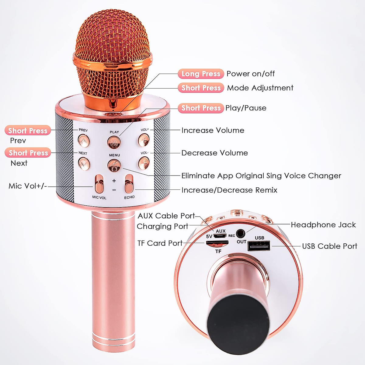 Sovvid Karaoke Microphone for Kids with Animal Stickers, Wireless Bluetooth Karaoke Mic for Singing, Portable Handheld Mic Speaker Player Machine, for Teens Adults All Age(Rose Gold)