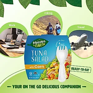 Heaven & Earth Ready to Eat Tuna Salad with Corn & Vegetables, 5.64oz (4 Pack) | Great Source of Protein | Travel Friendly Meals | Spork Included