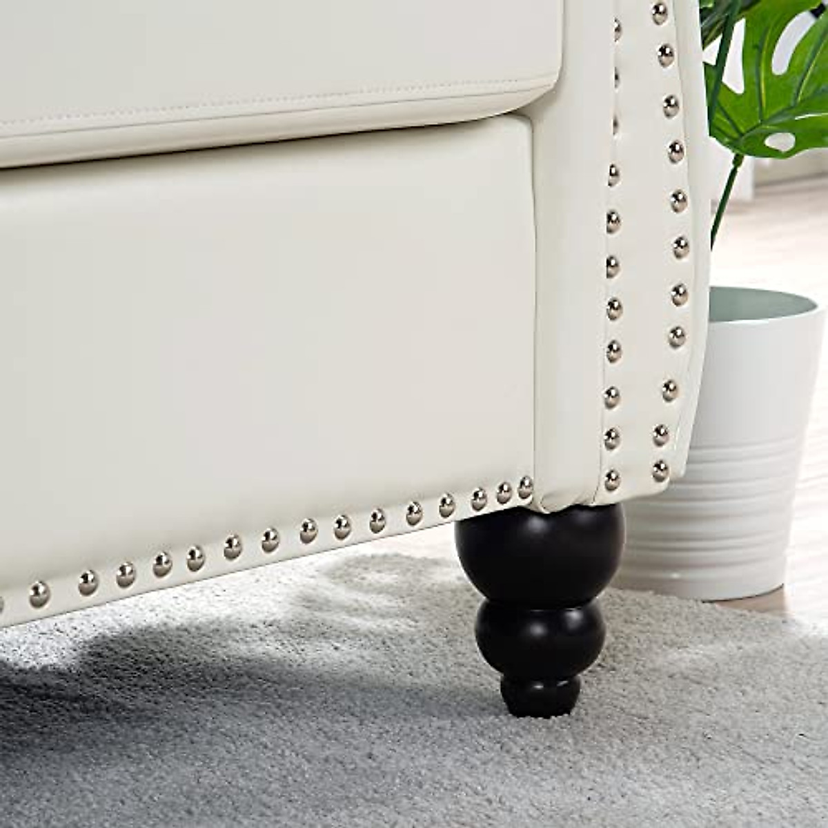 FANYE 84.65" 3-Seaters Chesterfield Clasic Luxury Roller Armrest Soild Wood Legs Sectional,Button Tufted PU Leather Upholstered Modular Sofa Couch with Reversible Cushions & Nailhead Decor, White