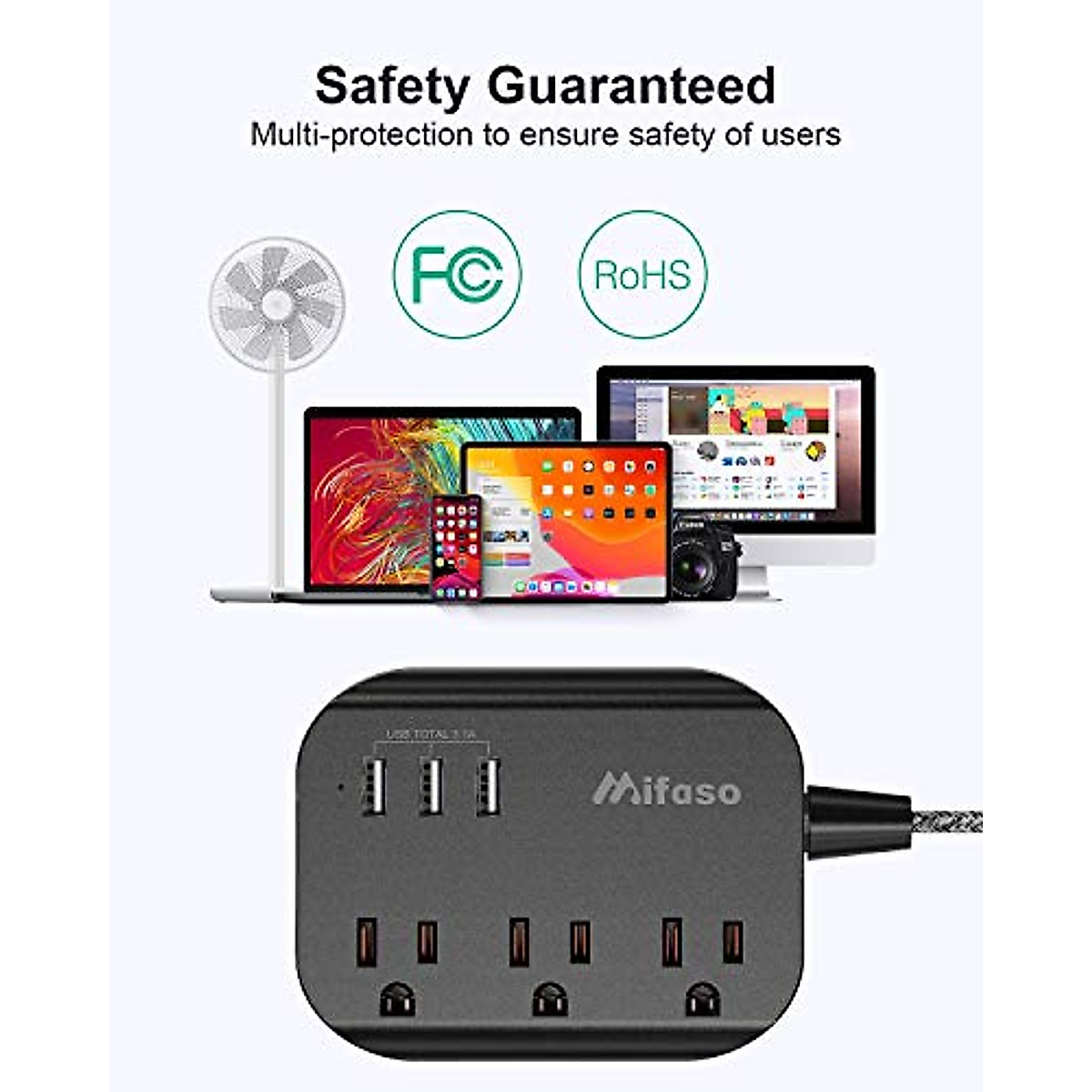 Power Strip with USB, Mountable Flat Plug Power Strip with 3 Outlets 3 USB Ports(Smart 3.1A), 5ft Braided Extension Cord, Compact for Cruise Ship, Travel, Home, Office