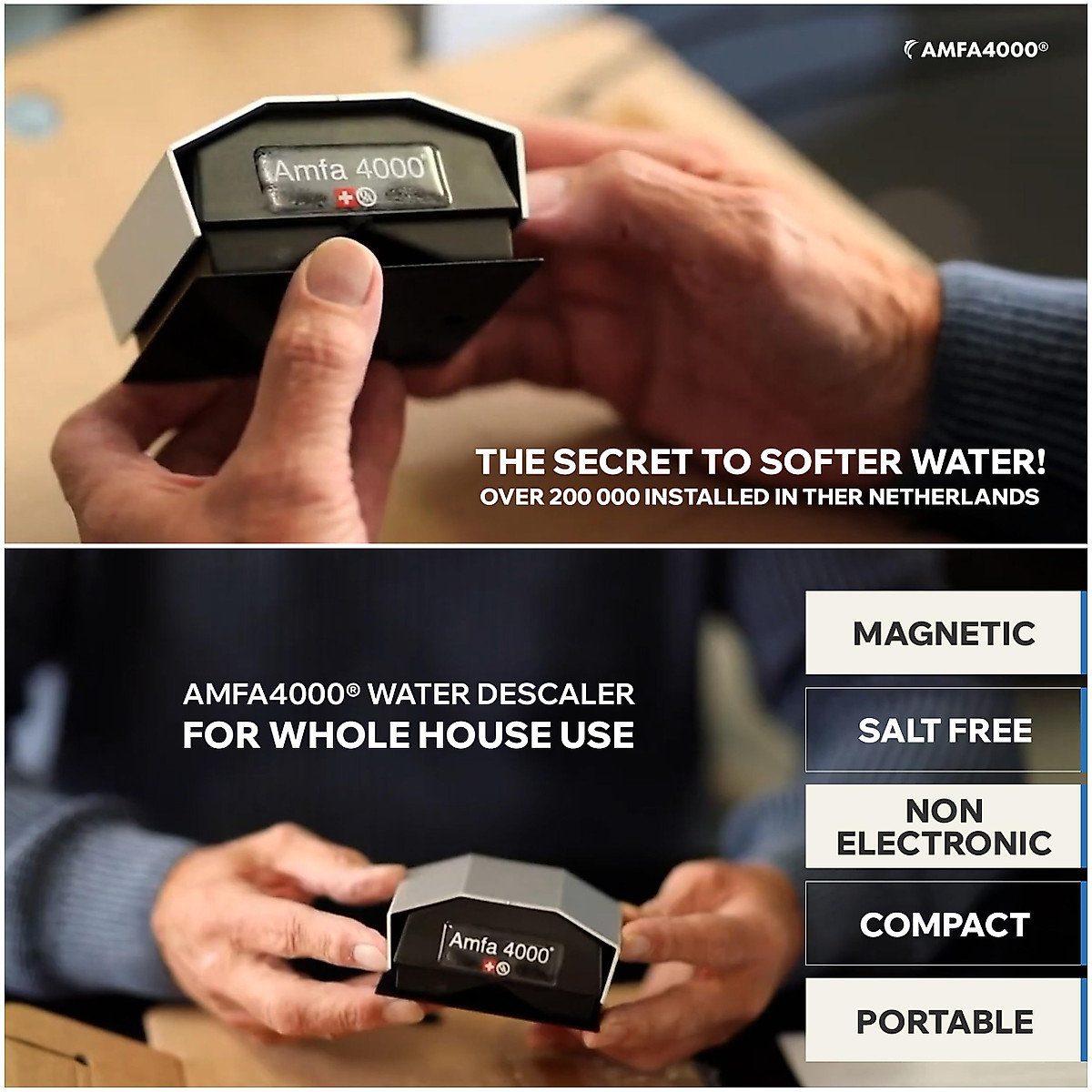 Amfa4000® Whole House Water Softener System - Salt Free Water Descaler for Whole House, Compact Water Softener, Magnetic Soft Water System, Portable Water Softner System