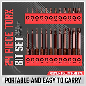 Tamper Proof Torx Screwdriver Bit Set - 24-Piece Star Bits Set, Torx Security Bit Set, 1-inch and 2.3-inch Long T5-T40 Temper Resistant Torx Bit Set
