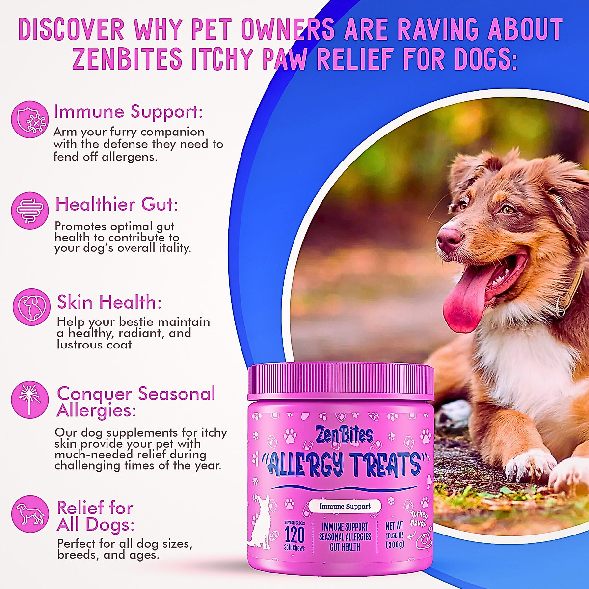 ZenBites Organic Allergy Vitamin Chews Anti Itch Supplement Dog Allergy Relief for Skin & Seasonal Allergies Omega 3 Probiotics for Dogs Salmon Oil Blend with Vitamin C Turkey - 120 Count