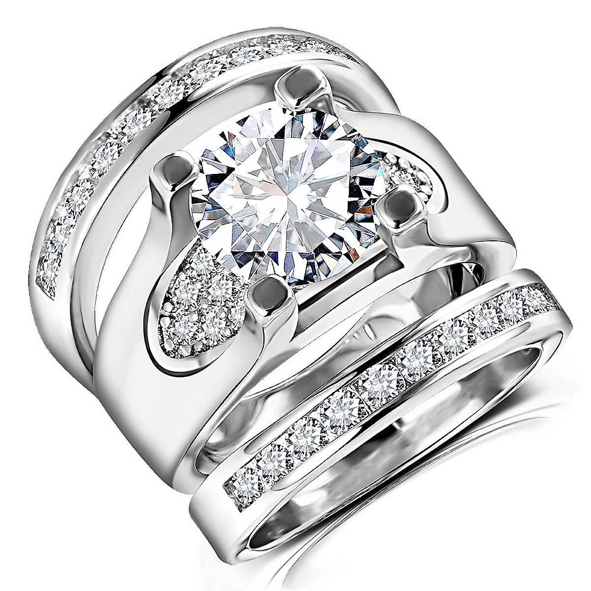 3 PCS Round Cut CZ Bridal Sets - 5.56 Ct Cubic Zirconia Silver Color Promise Engagement Wedding Rings Set for Women