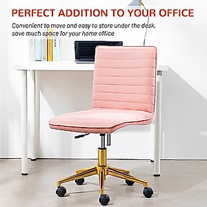 Furniliving Velvet Home Office Chair, Armless Vanity Desk Task Chair with Wheels 360° Swivel Computer Rolling Desk Chair with Back, Adjustable Accent Chair with Gold Metal Base Stool Chair (Pink)
