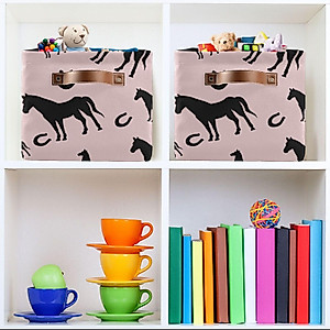 Horse Horseshoe Storage Basket Collapsible Storage Bins Cubes Box Clothes Hamper Fabric Toy Chest Gift Baskets for Shelves Home Shoes Office Nursery with Leather Handles