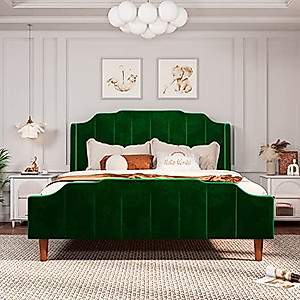 Allewie Queen Size Velvet Bed Frame Upholstered Platform Bed with Vertical Headboard and Footboard, Solid Wood Leg and Strong Slats Support, No Box Spring Needed, Easy Assembly, Green