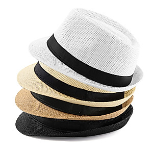 FALETO Unisex Summer Panama Straw Fedora Hat Short Brim Beach Sun Cap Classic (#011 Pack for 4 Colros)