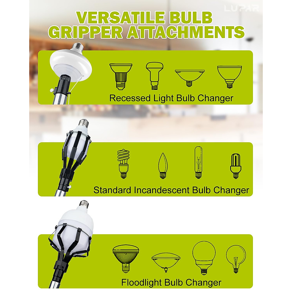 Lupar Light Bulb Changer Pole Kit 3 FT to 12 FT Telescoping Extension Pole with 2 Baskets and Suction Cup for High Ceilings and Recessed Lights Lightbulb Removal Changing