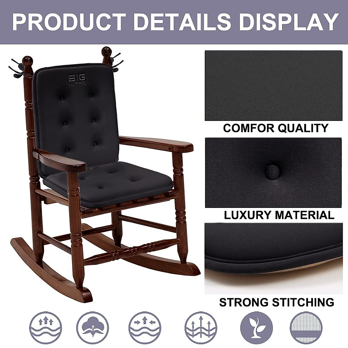 Big Hippo Child Rocking Chair Cushion Memory Foam Kids Rocking Chair Seat Back Cushion Set with Ties for Kid Children,Grey(Only Cushion Set)