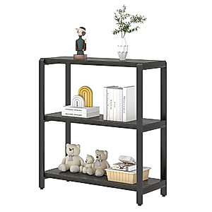 FOLUBAN Rustic Small Bookshelf and Bookcase, 3 Tier Low Short Book Shelf, Industrial Metal and Wood Book Case for Bedroom Living Room, Dark Gray