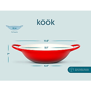 KooK Stir Fry Bowl, Wok Dish, Classic Thai, Ceramic Mini Wok, Stoneware Serving Bowls, For Soups and Pastas, Oven, Dishwasher and Microwave Safe, Cherry Red, 40 oz, Set of 2