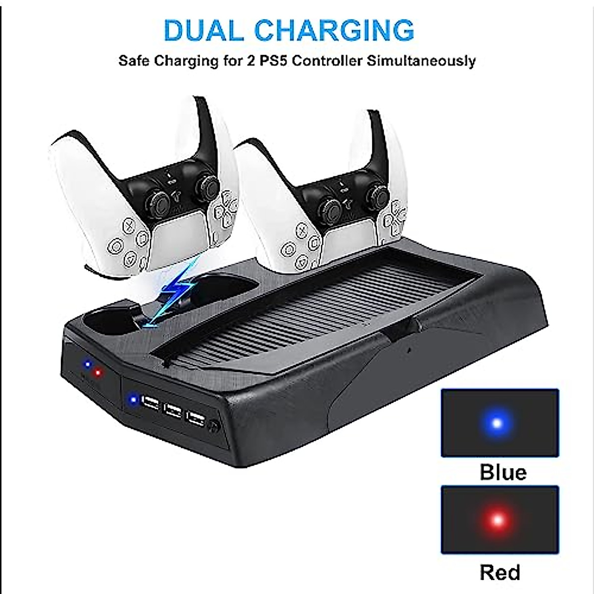 PS5 Charging Station with Cooling Fan, DualSense Controller Vertical Stand Dock for PS5 Console and Digital Edition, 3 USB Ports Retractable 14 Game Slots Storage Bracket for PlayStation 5 Accessories
