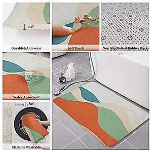 2 Pieces Kitchen Rugs Set Mid Century Modern Boho Orange Geometric Area Rug,Absorbent Bath Mats Soft Doormat Anti Fatigue Floor Mat Minimalist Retro Abstract Art,Non-Slip Cushion Standing Mats