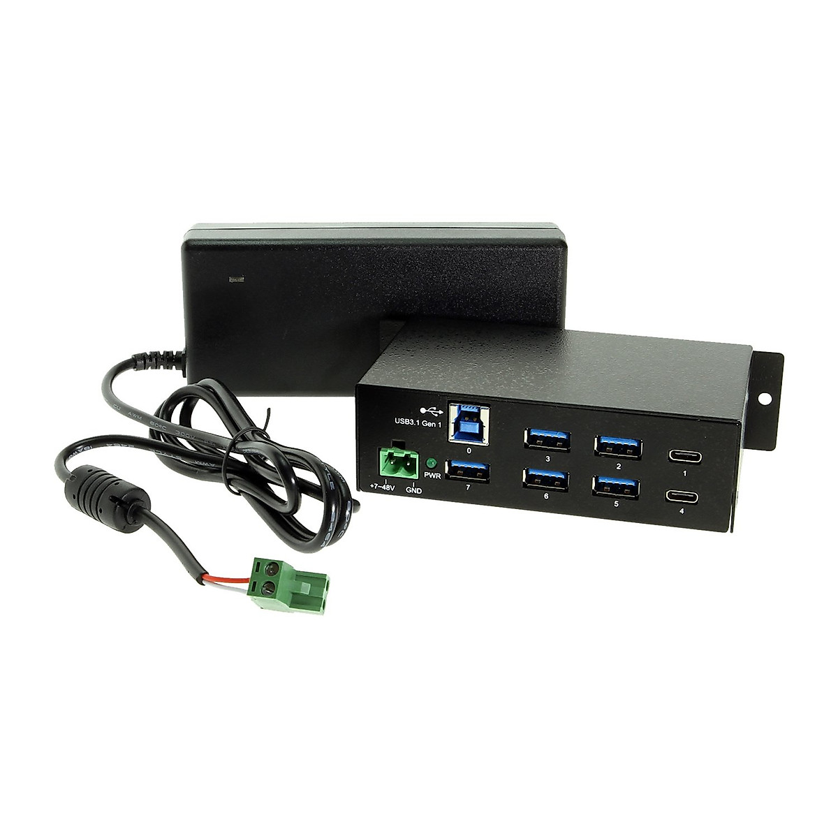 Coolgear USB-C 7 Port Hub 2X Type-C 5X Type-A - DIN Rail - Power Adapter