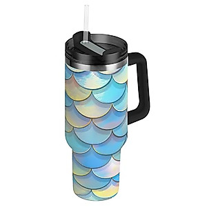 FRCSDIY Colored Fish Scales Insulated Tumbler with Handle and Straw Lid,30oz Leakproof Stainless Steel Cup BPA-Free Water Bottle