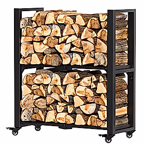 Luffioner 2 Tiers Rolling Firewood Rack,Foldable Firewood Log Storage Rack Holder with Wheels Fireside Log Rack for Indoor Fireplace or Outdoor,31"X25"x12"