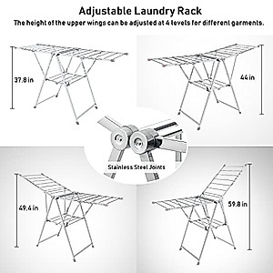 Duwee Clothes Drying Rack Clothes Airer,Foldable Clothes Horse Stainless Steel Clothes Drying Rack with Height-Adjustable Wings,Free-Standing Laundry Drying Rack for Indoor/Outdoor