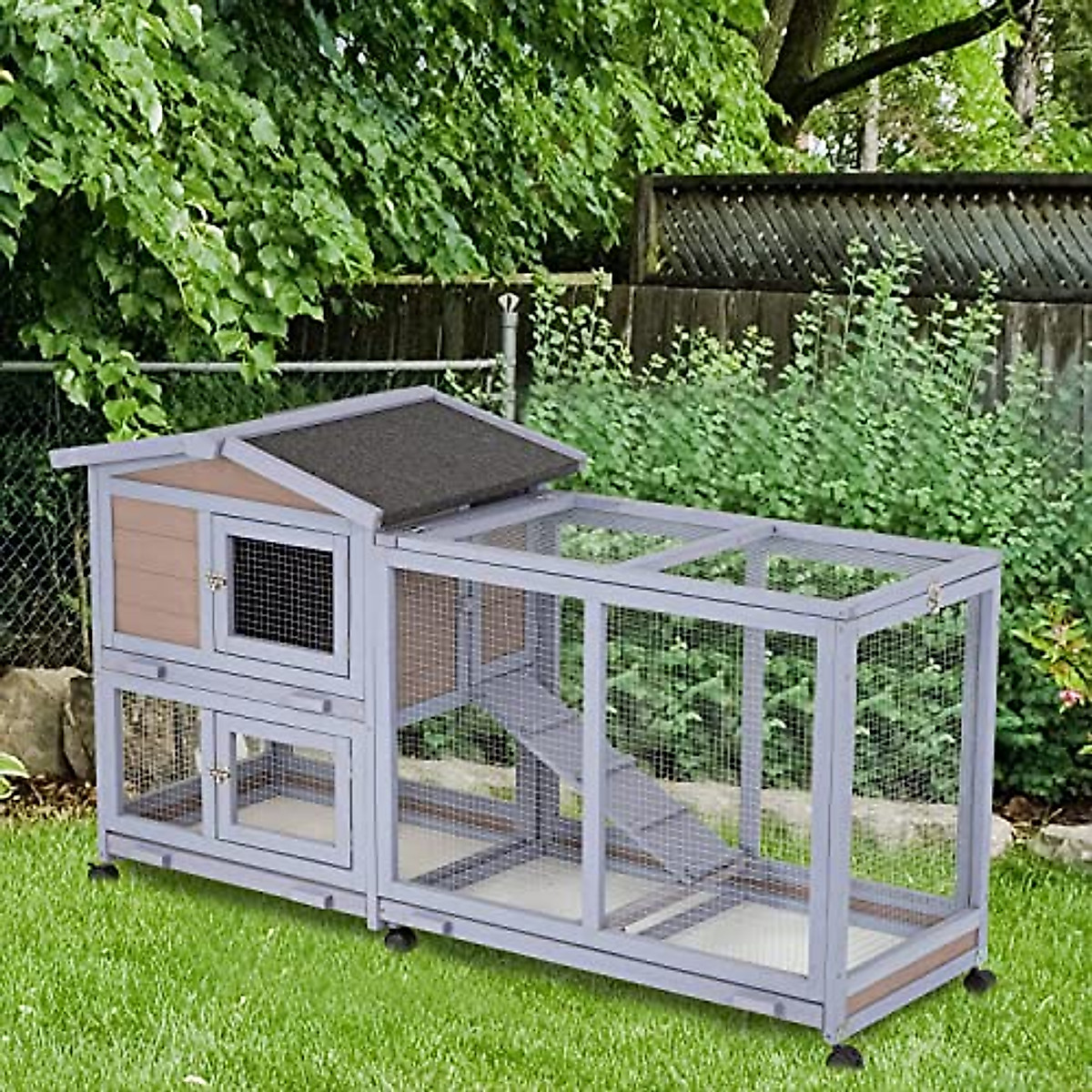 Wood Rabbit Hutch Rabbit Cage Bunny Hutch Rolling Large Bunny Cage Indoor Outdoor Two Story Guinea Pig Hutch Rabbit House with Wheels&Waterproof Roof,Grey