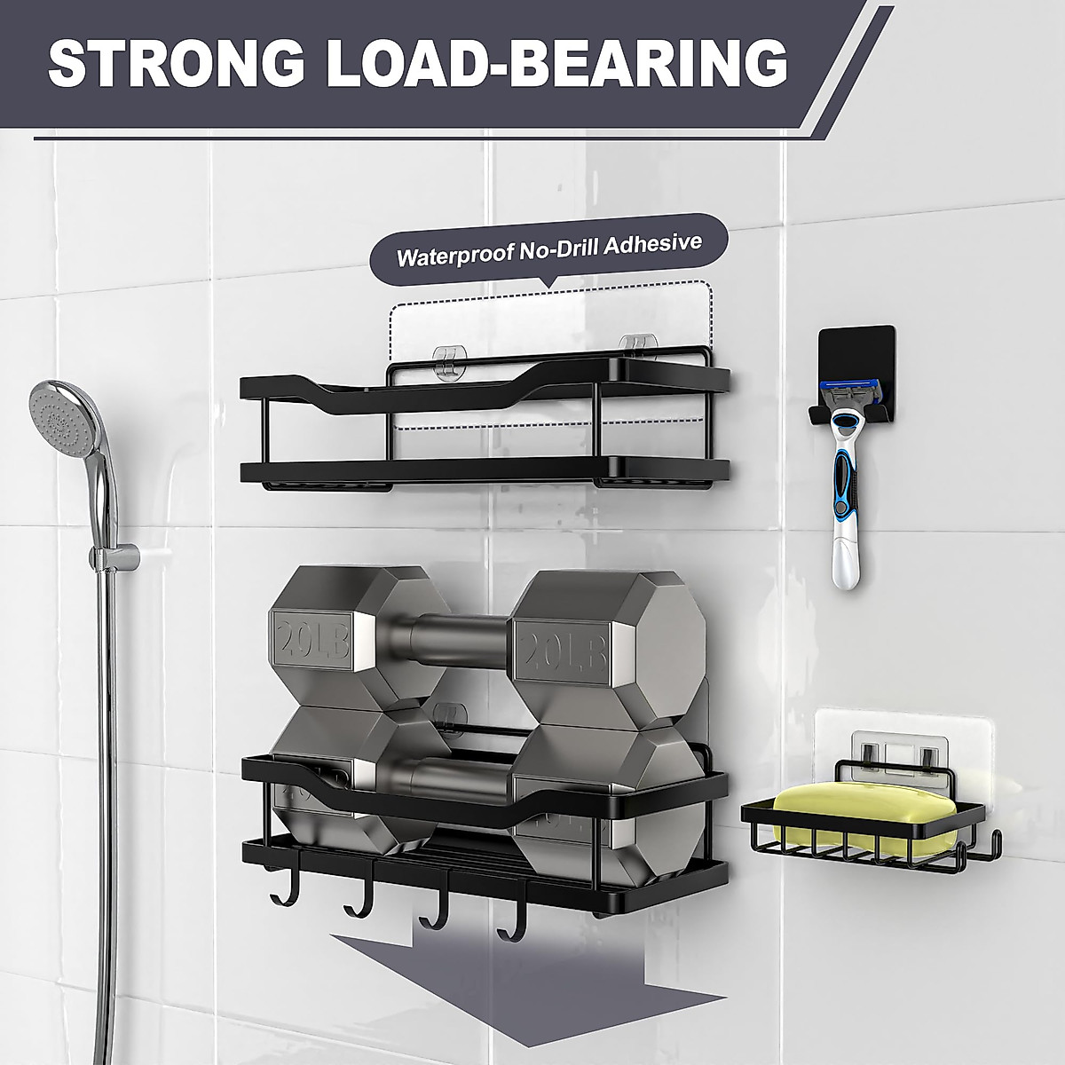 Ace Initiatives Shower Caddy 4 Pack, Adhesive Shower Organizer for Bathroom Storage & Kitchen, No Drilling, Large Capacity, Rustproof Stainless Steel Bathroom Organizer, Bathroom Shower Shelves