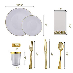 Vplus 175 Count Gold and White Plastic Plates Sets, Disposable Dinnerware Sets for Wedding Party