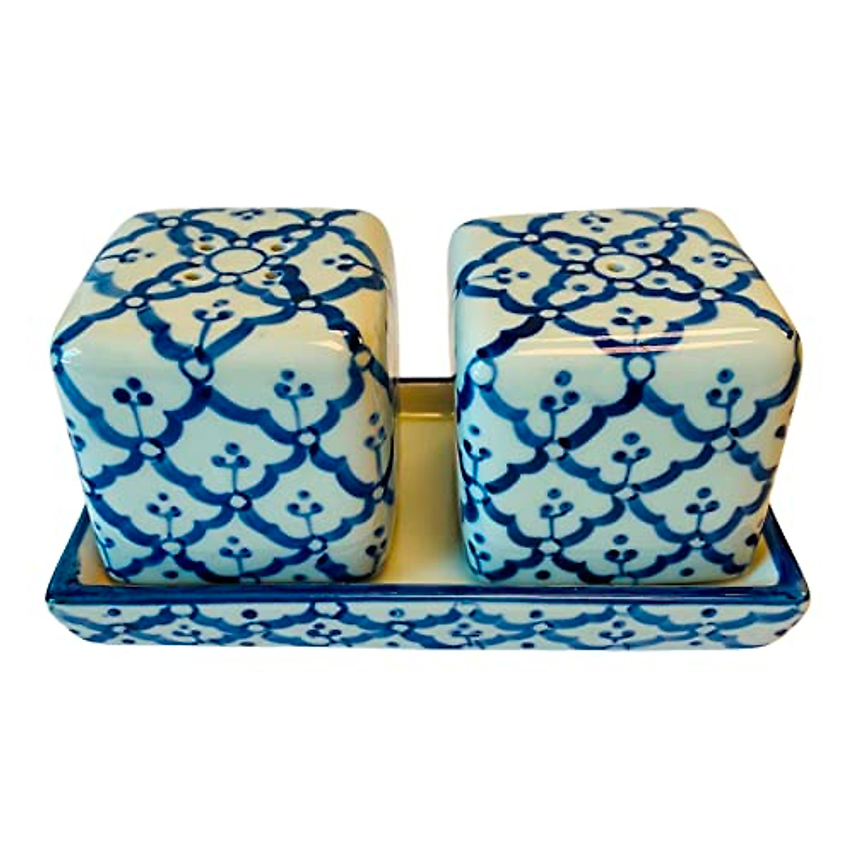 Square Salt and Pepper Shakers on Tray Porcelain Blue and White