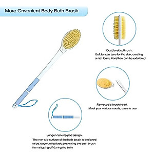 Body Scrubber Anti Slip Long Handle for Shower,Dual-Sided Shower Brush with Soft and Stiff Bristles, 20.07in Showering Exfoliator for Men and Women(Blue)